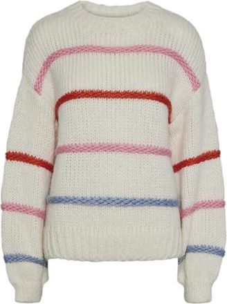 Pieces Pcnavine Ls O-Neck Knit BC Pull en Tricot, Cloud Dancer/Rayures : tago+scha+sapi, S Femme