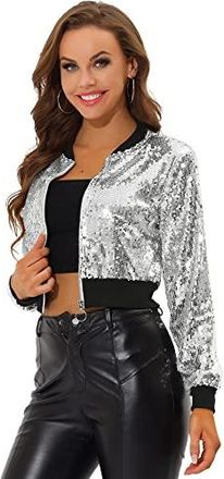 Allegra K Blouson Femme à Paillettes Veste Court Zippé Cardigan à Sequin Bomber de Fête Argent XL