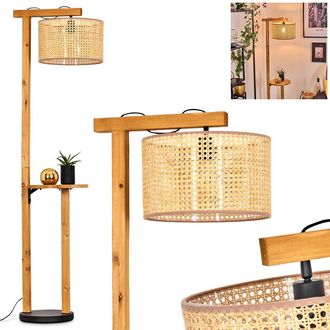 HOFSTEIN Stehleuchte Barcos, Stehlampe aus Holz/Metall/Wienergeflecht Natur/Schwarz/Beige, Leuchte im skandinavischen Design, Ø 50 cm, Ablagefläche u. Fußschal