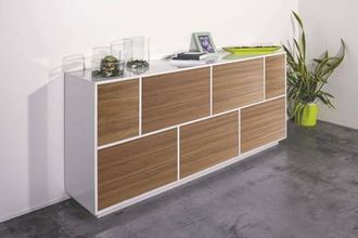 Dmora Kommode Virginio, 7-t&uuml;riges K&uuml;chen-Sideboard, Wohnzimmer-Buffet, 100% Made in Italy, 200 x 41 x 86 cm, gl&auml;nzendes Wei&szlig; und Walnuss