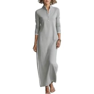 Generic Robe longue &agrave; manches longues pour femme, noir avec col boutonn&eacute; blanc et fente lat&eacute;rale, gris, XXL