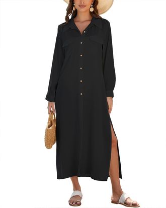 Bsubseach Damen Bademode Cover Ups Langarm Knopf Hemdkleid Strand Cover Up Kimono Beachwear Urlaub Schwarz XXL