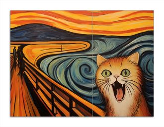 Wallario Herdabdeckplatte/Spritzschutz aus Glas, 2-teilig, 70x52cm mit 13 mm hohen Füßen, für Ceran- und Induktionsherde, Der Schrei der Katze