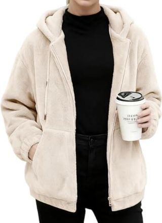 Generic Vestes dhiver pour femmes, v&ecirc;tements dext&eacute;rieur Sherpa duveteux avec cordon de serrage - Manteaux chauds d&eacute;contract&eacute;s dhiver avec capuche, beige, XL