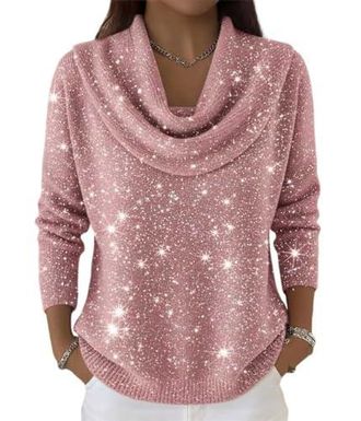 ORANDESIGNE Pull Paillettes Femme Chic et Elegant Col Cowl Soiree Haut &agrave; Sequins Pull de No&euml;l Scintillant A Rose 3XL