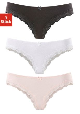Lascana Brasilslip LASCANA, Damen, Gr. 32/34, bunt (rosa, wei&szlig;, schwarz), Single Jersey, Obermaterial: 95% Baumwolle, 5% Elasthan. Spitze: 87% Polyamid, 13% E