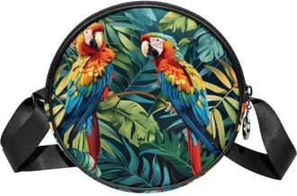 Generic Sac &agrave; bandouli&egrave;re rond pour femme, motif plantes tropicales, perroquet, petit sac &agrave; bandouli&egrave;re avec fermeture &eacute;clair, bretelles r&eacute;glables, sac &agrave; main