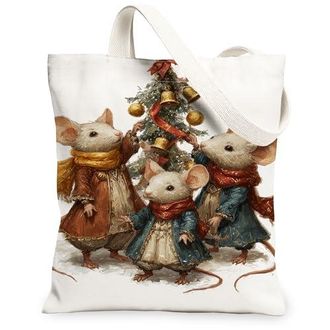 Generic Sacs fourre-tout en toile motif souris de No&euml;l, sacs d&eacute;picerie r&eacute;utilisables, l&eacute;gers et lavables pour voyage, plage, P, blanc, 13x15 Inch