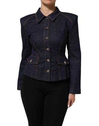 Dolce & Gabbana Womens Dark Blue Cotton Collared Denim Coat Jacket Co+02+elastomultyester Clothing