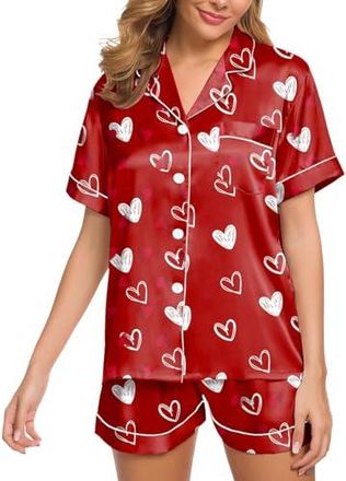 Generic Ensemble de pyjama deux pi&egrave;ces en satin de soie pour femmes pour la Saint-Valentin 2026, Rouge, XXL
