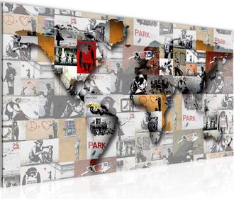 Runa Art Wandbild Weltkarte Banksy Collage 1 Teilig 100 x 40 cm Modern Bild auf Vlies Leinwand Pop Art Loft Wohnzimmer Bunt 104512a