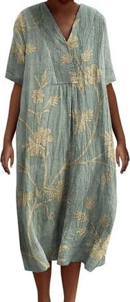 Generic Robe Ete Femme Mi Longue Fluide Coton Chemisier Robes Manches Courtes Casuel Ample A-Line Imprimé Fleur Robes Col en V Soiree Grande Taille Robe Été F