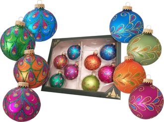 Krebs Glas Lauscha Weihnachtsdekoration/Christbaumschmuck aus Glas - 8 Christbaumkugeln - Motiv: Bunt mit Glitzerdekor - Gr&ouml;&szlig;e: ca. 7 cm