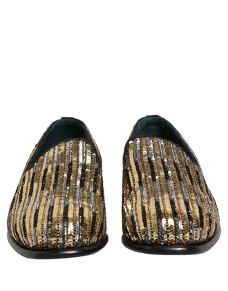 Dolce & Gabbana Mens Gold Striped Sequin Embellished Loafer Shoes Leather