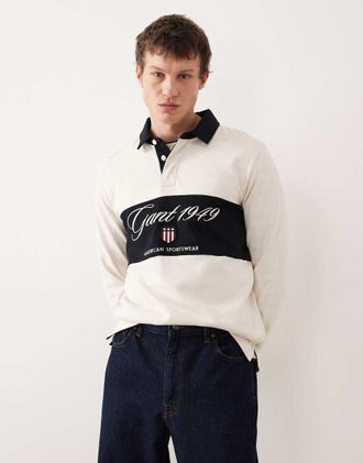 GANT Ski Club - Schweres Rugby-Polohemd in Cremewei&szlig; mit Farbblock-Design-Neutral