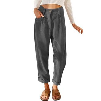 Generic Pantalon d&eacute;contract&eacute; en velours c&ocirc;tel&eacute; taille haute avec poches pour femme, gris fonc&eacute;, 3XL