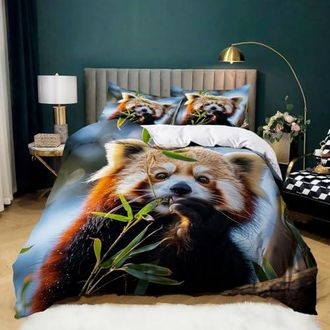 Generic Panda Roux Animal Housse de Couette 240 x 220 cm, Parure de Lit avec Fermeture &Eacute;clair - Microfibre Doux Housse de Couette avec 2 Taie doreiller pour 2