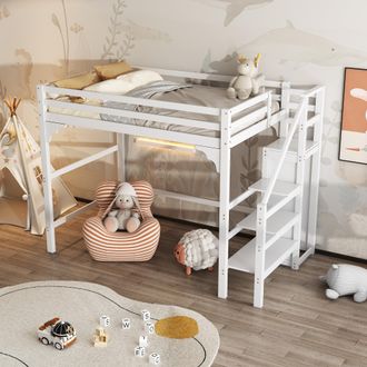 Generic Hochbett 140x200cm Wei&szlig; mit Kleiderschrank Doppelbett Massivholz Kiefer Stauraumbett Treppe Multifunktionsbett Systembett Hochschl&auml;fer Loftbett f&uuml;r Er