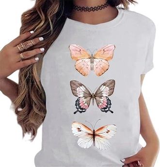 Keephen Papillon avec Fleurs T-Shirt Femmes Esth&eacute;tique Papillon Impression 3D T-Shirt Manches Courtes Col Rond Streetwear Dames &Eacute;t&eacute; Mignon Tops