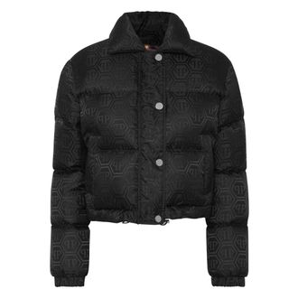 Philipp Plein Nylon Jacquard Cropped Puffer Jacket Monogram - - Jackets - Damen - Schwarzk - XL