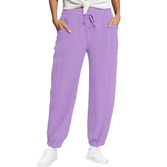 Generic Nuoke pantalon fluide femme &eacute;t&eacute;,Pantalon large en lin pour, d&eacute;contract&eacute;, ample, taille haute, pour la plage, avec poches Short Pyjama Carreaux (Purple