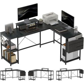 HOMCOM Bureau dangle - HOMCOM - r&eacute;versible - 168-240 cm - &eacute;tag&egrave;re r&eacute;glable, sac de rangement, support d&eacute;cran - acier - brun rustique