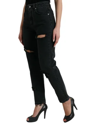 Dolce & Gabbana Womens Black Cotton High Waist Tattered Denim Jeans Clothing