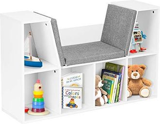 Giantex Bibliothèque avec Coussin de Siège, Etagère Cube 6 Compartiments et 2 Niveaux en Bois, Etagère de Rangement avec Banc pour Salon, Chambre à Coucher, C