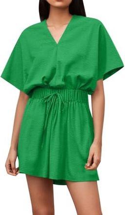 Generic Combinaison d&eacute;t&eacute; pour femme avec col en V et manches courtes - Taille smock&eacute;e - Jambe droite - Combinaison d&eacute;t&eacute; - Grenouill&egrave;re - Tenue de vacances de 
