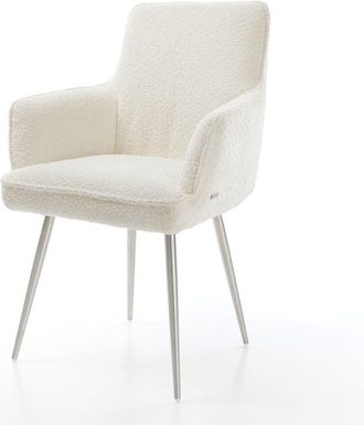 DELIFE Esszimmerstuhl Heira-Flex mit Armlehnen Bouclé Weiß 4-Fuß konisch Edelstahl Taschenfederkern, Esszimmerstühle