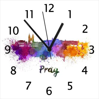 Wallario Design-Wanduhr St&auml;dte als Aquarell - Skyline von Prag aus Glas, Motiv-Uhr Gr&ouml;&szlig;e 30 x 30 cm, Schwarze Zeiger