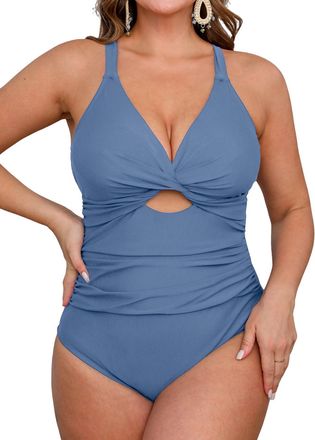 Cupshe Damen Große Größen Badeanzug V Ausschnitt Wickeloptik Cutouts Raffung Bauchweg Einteilige Curvy Bademode Plus Size Swimsuit Himmelblau 3X=XXXL