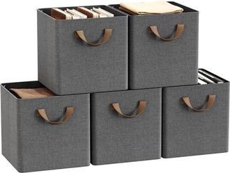 Woltu Lot de 5 Cubes de Rangement Pliables, Boîtes de Rangement en Tissu, avec Poignée et Cadre en Métal, Gris, 26x26x26,5cm