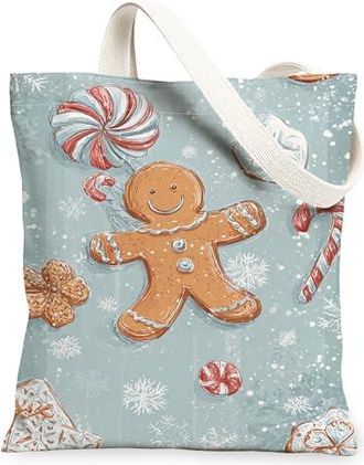 Generic Sacs fourre-tout en toile de pain d&eacute;pices, motif biscuits festifs, sacs de courses r&eacute;utilisables, mignons, l&eacute;gers et lavables avec bandouli&egrave;re pour vo