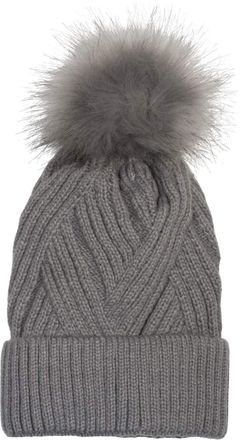 styleBREAKER Damen Strick Bommelm&uuml;tze mit Rippenstrick Muster und Fleece Futter, Winter Fellbommel M&uuml;tze 04024167, Farbe:Grau