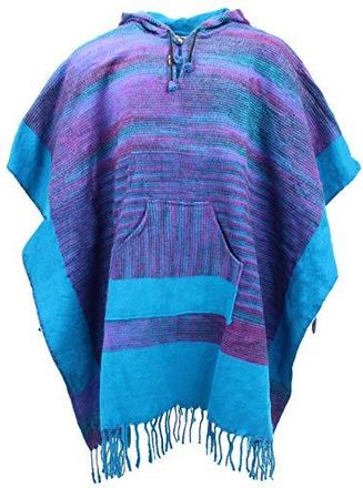 Loud Elephant LoudElephant Poncho tib&eacute;tain &agrave; capuche en laine acrylique douce, v&eacute;gan, lumineux, chaud et confortable, Violet et turquoise., taille unique