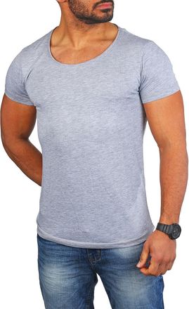Young & Rich Herren Uni T-Shirt mit tiefem Rundhals Ausschnitt einfarbig körperbetontes Basic Tee Vintage Look 1702, Grösse:L, Farbe:Grau - Melange