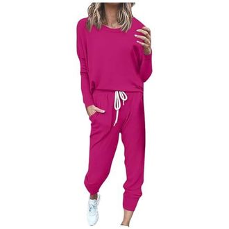 Generic Surv&ecirc;tement deux pi&egrave;ces pour femme en lin d&eacute;contract&eacute; &agrave; col rond et manches 3/4, pantalon &agrave; jambe large avec poches, v&ecirc;tement de d&eacute;tente pour femme, p