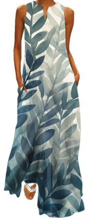 Ocean Plus Damen Muster Maxikleid V-Ausschnitt Kleid mit Stecktaschen und Weitem Rock (4XL, Grüne Blätter)