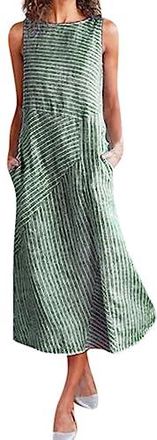 Generic Robes amincissantes pour femmes, &agrave; la mode, &agrave; rayures, avec poche zipp&eacute;e, col rond, sans manches, 2026, Vert, XXL