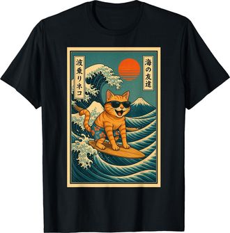 Waves Cool Surfing Cat Waves Mount Fuji Sunset Ukiyo- Feline T-Shirt