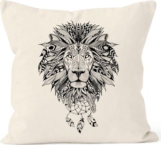 Autiga Kissenbezug Kissen-H&uuml;lle L&ouml;we Lion Ethno Atzekenmuster Boho Atzec Federn Traumf&auml;nger Dreamcatcher Deko-Kissen 40x40 Baumwolle Natur 40cm x 40cm
