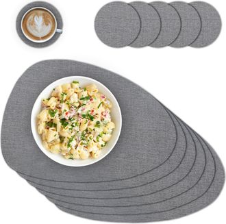 Matches 21 Ovales Tischset mit Glasuntersetzer im 6er Set - Platzset für Esstisch & Küche Grau meliert - Hitzebeständige PVC Untersetzer abwaschbar