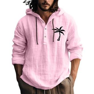 Generic Chemise en lin pour homme - En coton et lin - Boutonni&egrave;re - Manches longues - Avec capuche - Chemise d&eacute;contract&eacute;e confortable - Chemise d&eacute;t&eacute; l&eacute;g&egrave;re - 