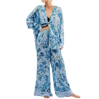 Generic Ensemble de pyjama en soie color&eacute; pour femme, grande taille, haut &eacute;l&eacute;gant &agrave; boutons avec pantalon surdimensionn&eacute;, l&eacute;ger et confortable, v&ecirc;tement de nu