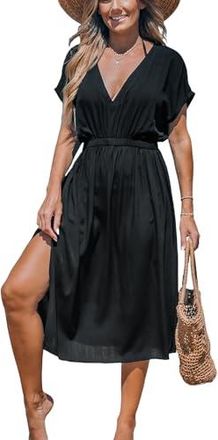 Cupshe Robe mi-longue à manches courtes et col en V pour femme - Vêtement de plage décontracté rayé - Été 2024, noir uni, Taille M