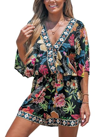 Cupshe Damen Jumpsuit V-Ausschnitt Kurzarm Strampler Paisley Weites Bein Kurz Overall mit Gürtel Casual Lose Playsuit Schwarz/Rot XS