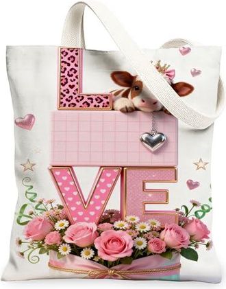 Generic Sacs fourre-tout en toile avec motif de vache mignonne, motif floral coeur, sacs d&eacute;picerie, sacs d&eacute;picerie r&eacute;utilisables, l&eacute;gers et lavables en toile 