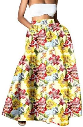 Generic Jupes pour femmes, jupe &agrave; imprim&eacute; floral, taille haute, poche de plage, jupe longue 2026, jupe trap&egrave;ze pour femme, grande taille, jupe trap&egrave;ze, Rouge,