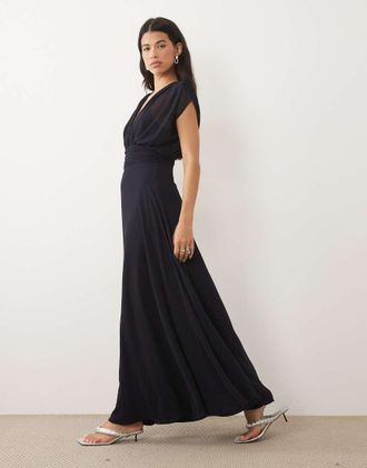 Tfnc Robe longue pliss&eacute;e de demoiselle dhonneur en mousseline - Bleu marine